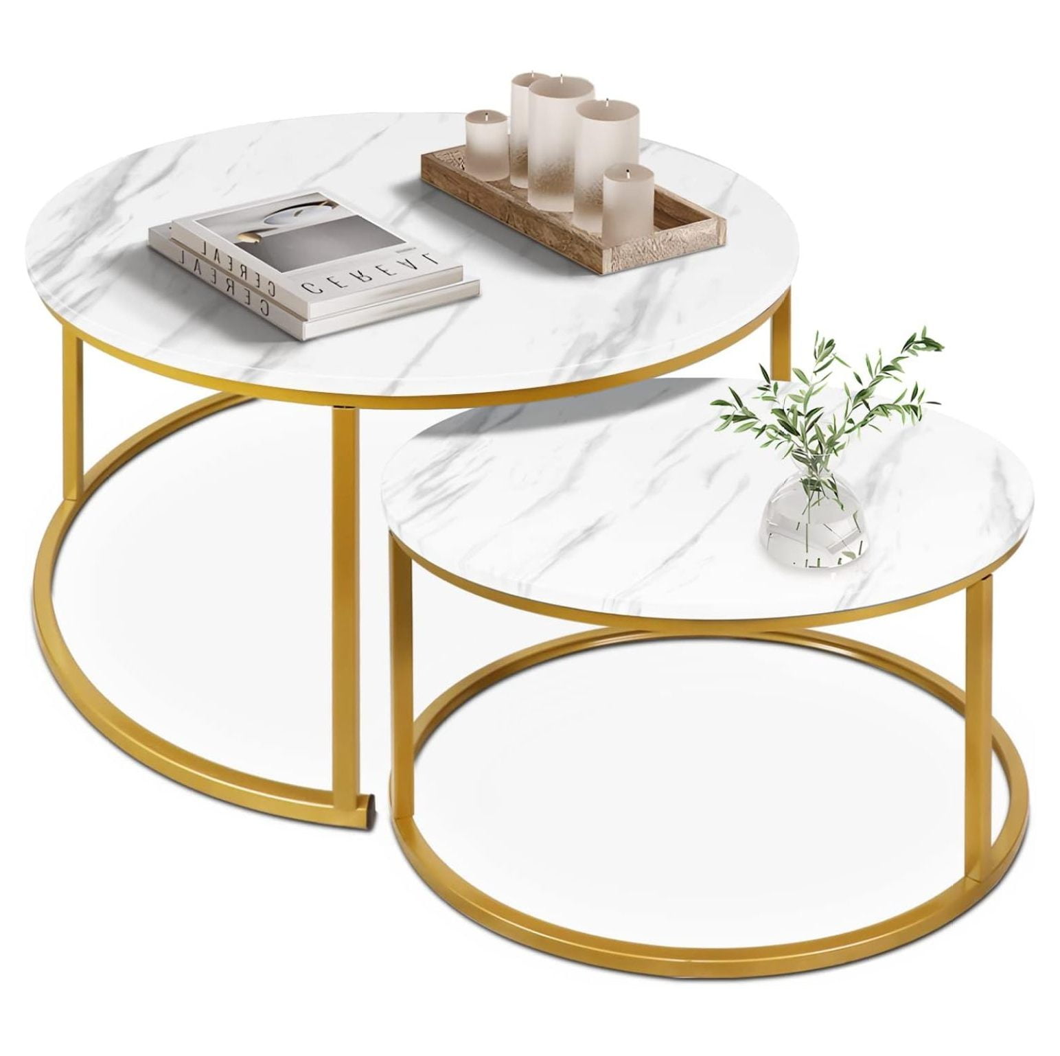 35" Nesting Coffee Table Set of 2,Modern Marble Look Round End Stacking ...