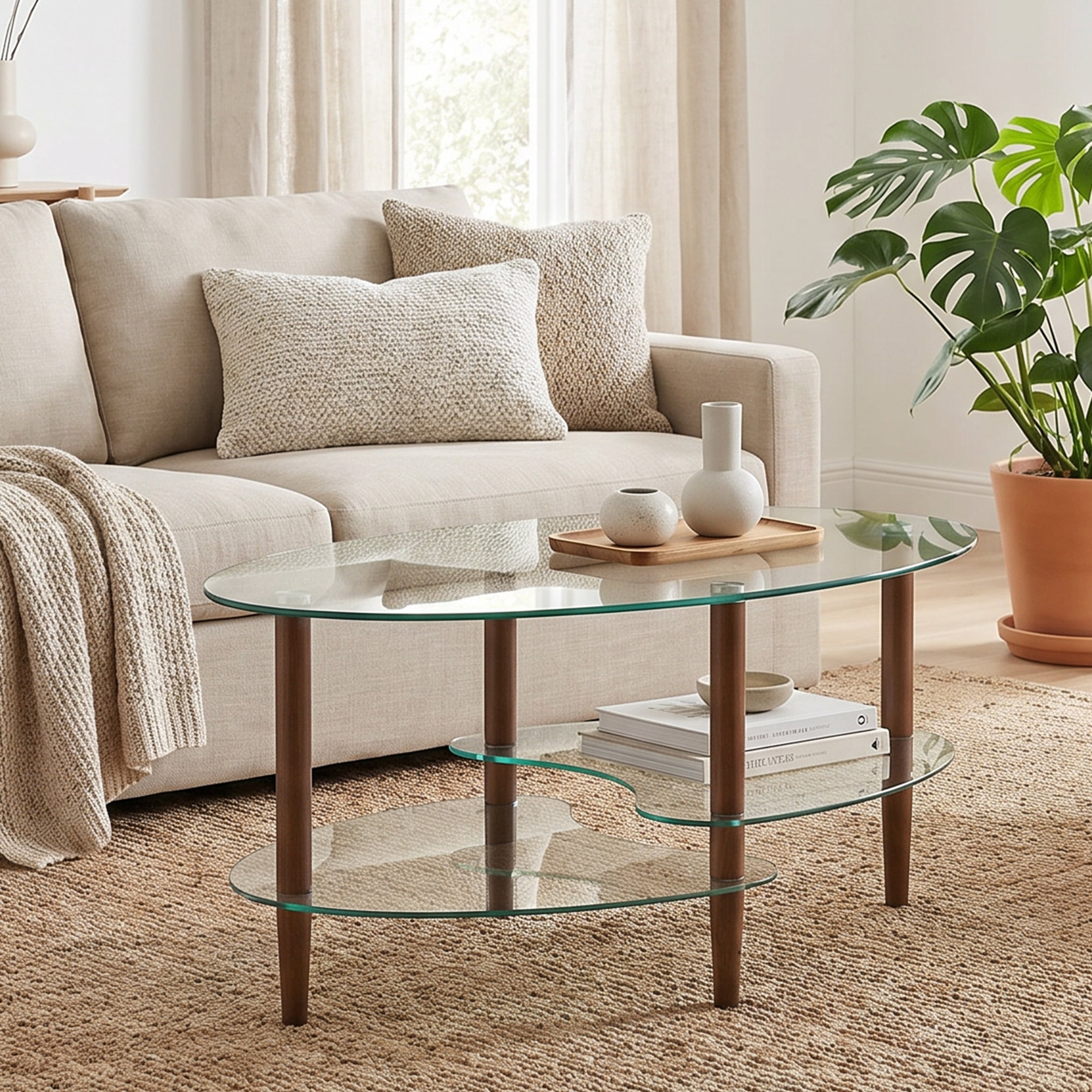 35" Oval Coffee Table, Tempered Glass Coffee Table with Oak Wood Legs ...