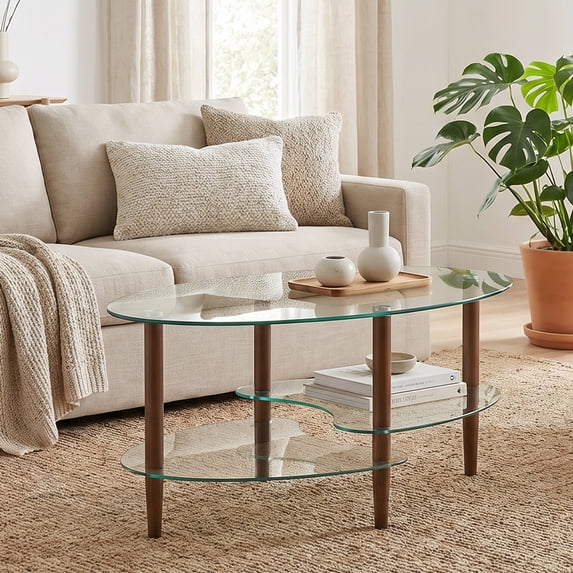 35" Oval Coffee Table, Tempered Glass Coffee Table with Oak Wood Legs ...