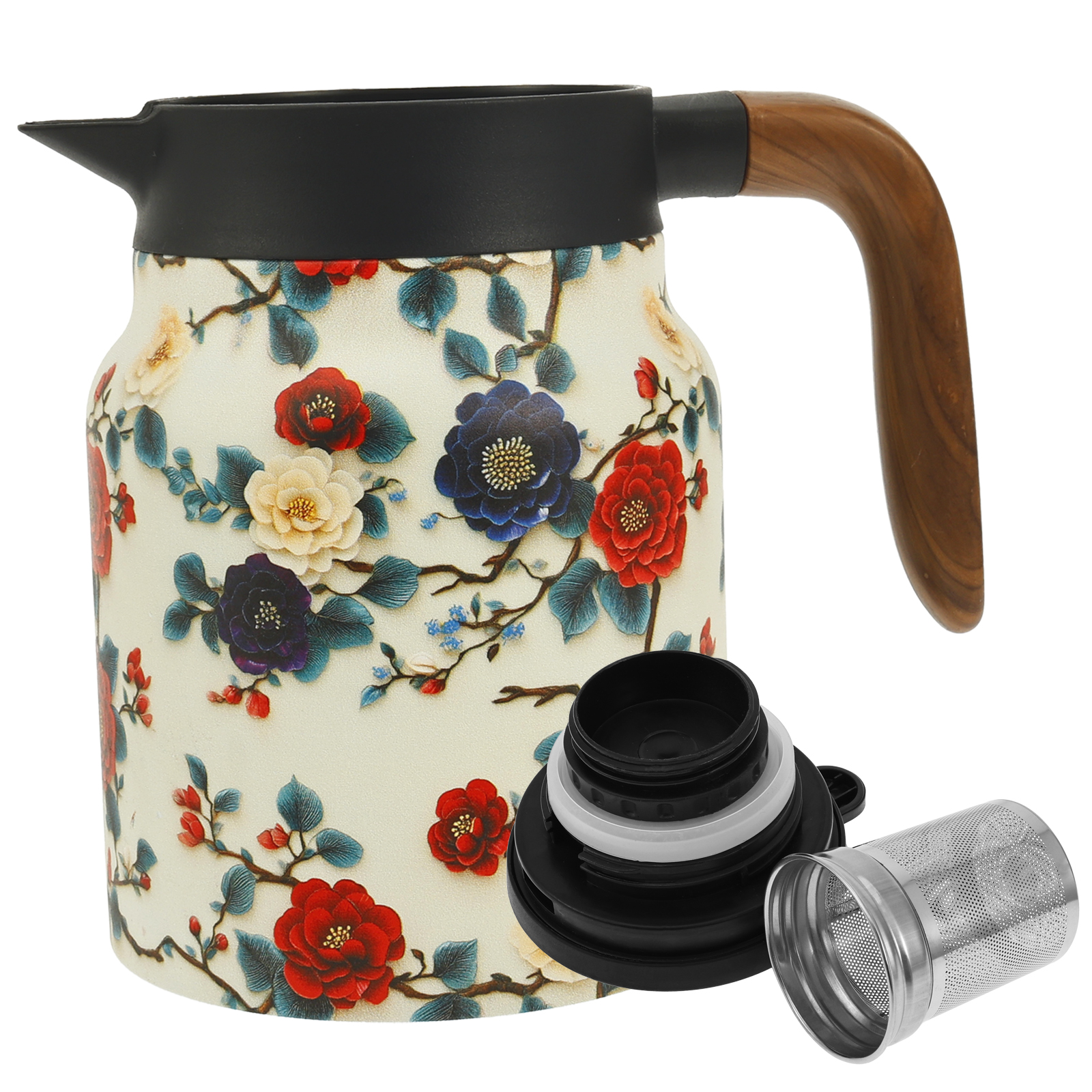 35 Oz Vintage Floral Tea Pot with Infuser Insulated with Wood Handle ...