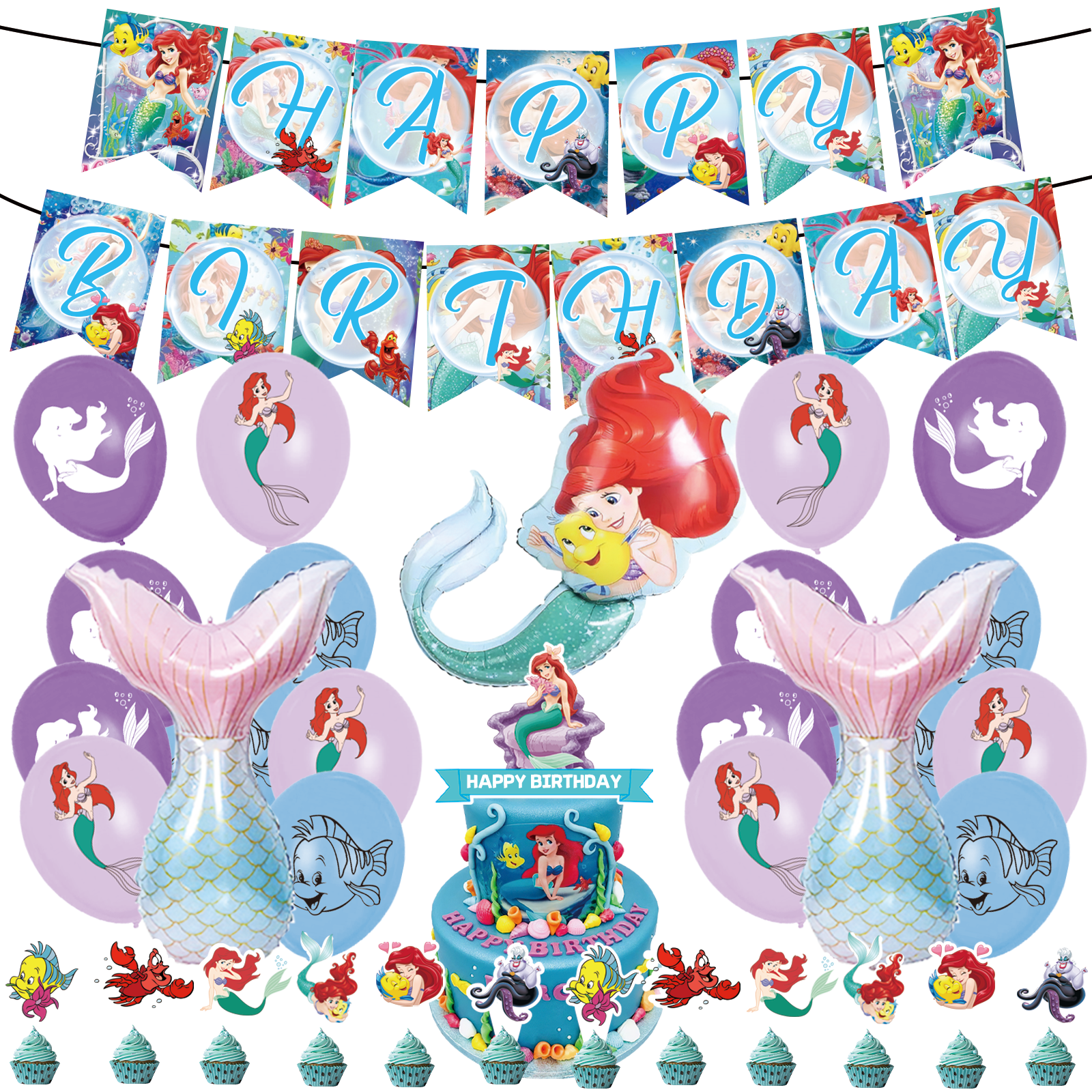 35 Pcs For Ariel Cartoon,Themed Party Decoration Set,Includes Banner ...