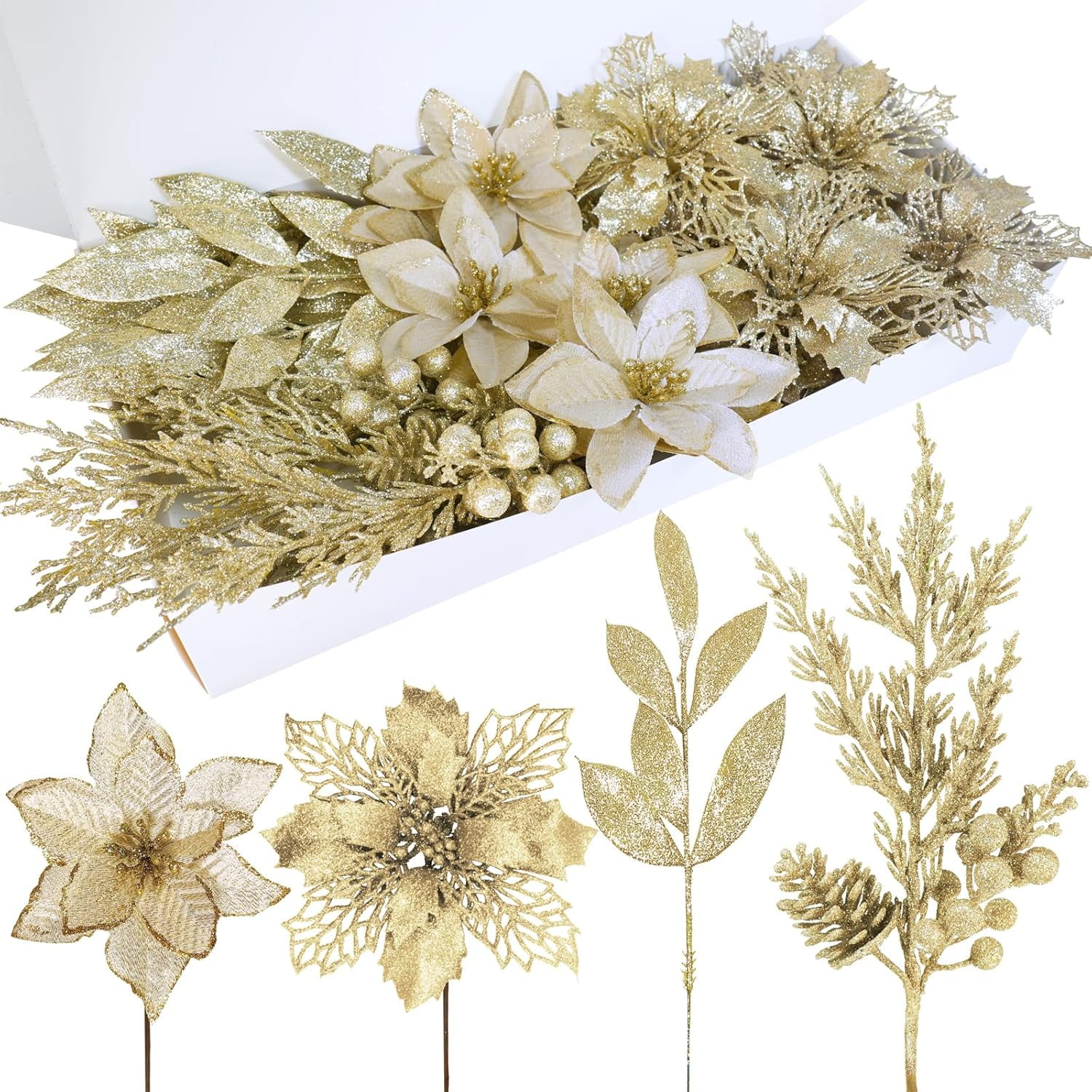 MY 35 Pcs Christmas Artificial Poinsettia Flower Stems and Artificial ...