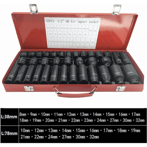 35PCS 1/2" Drive Deep Impact Socket Set 6 Point Sockets Spindle Axle ...