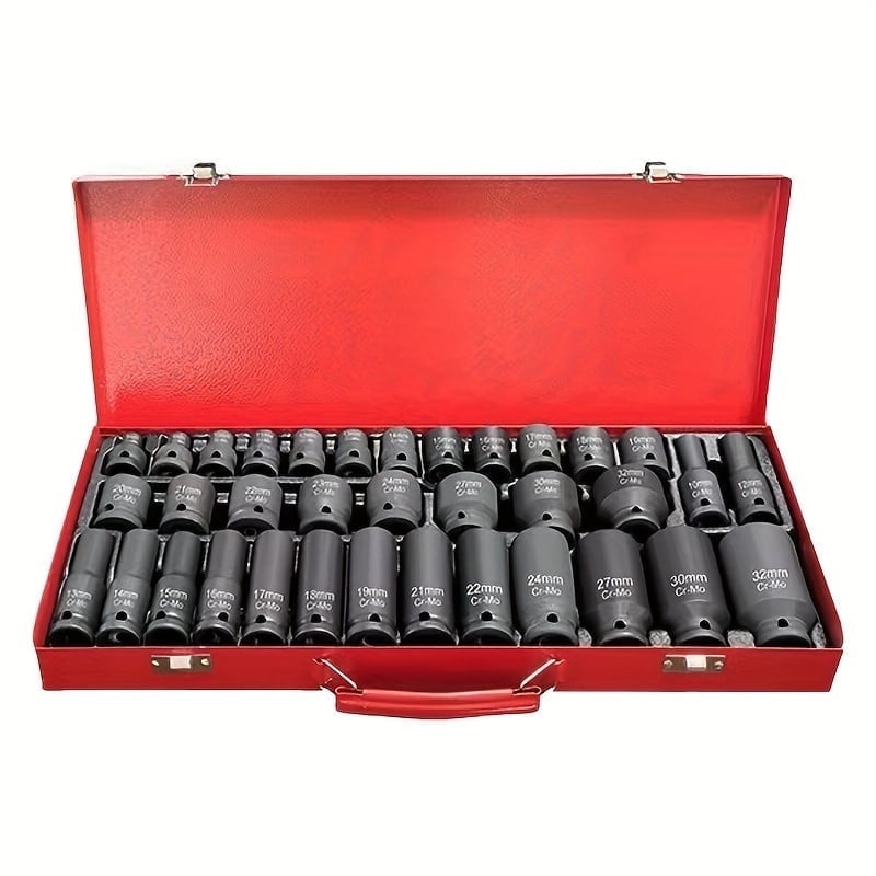 35PCS 1/2" Drive Deep Impact Socket Set 6 Point Sockets Spindle Axle ...