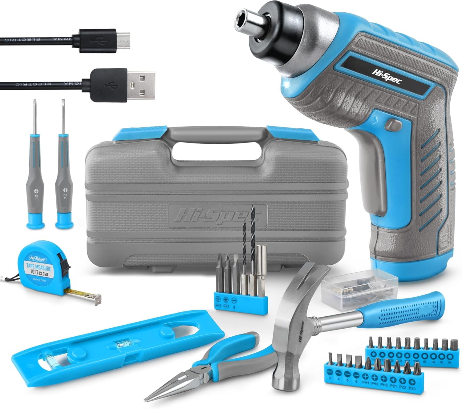 35-Piece Blue Tool Kit with 3.6V USB Electric Screwdriver and Drill, Complete General Purpose ...