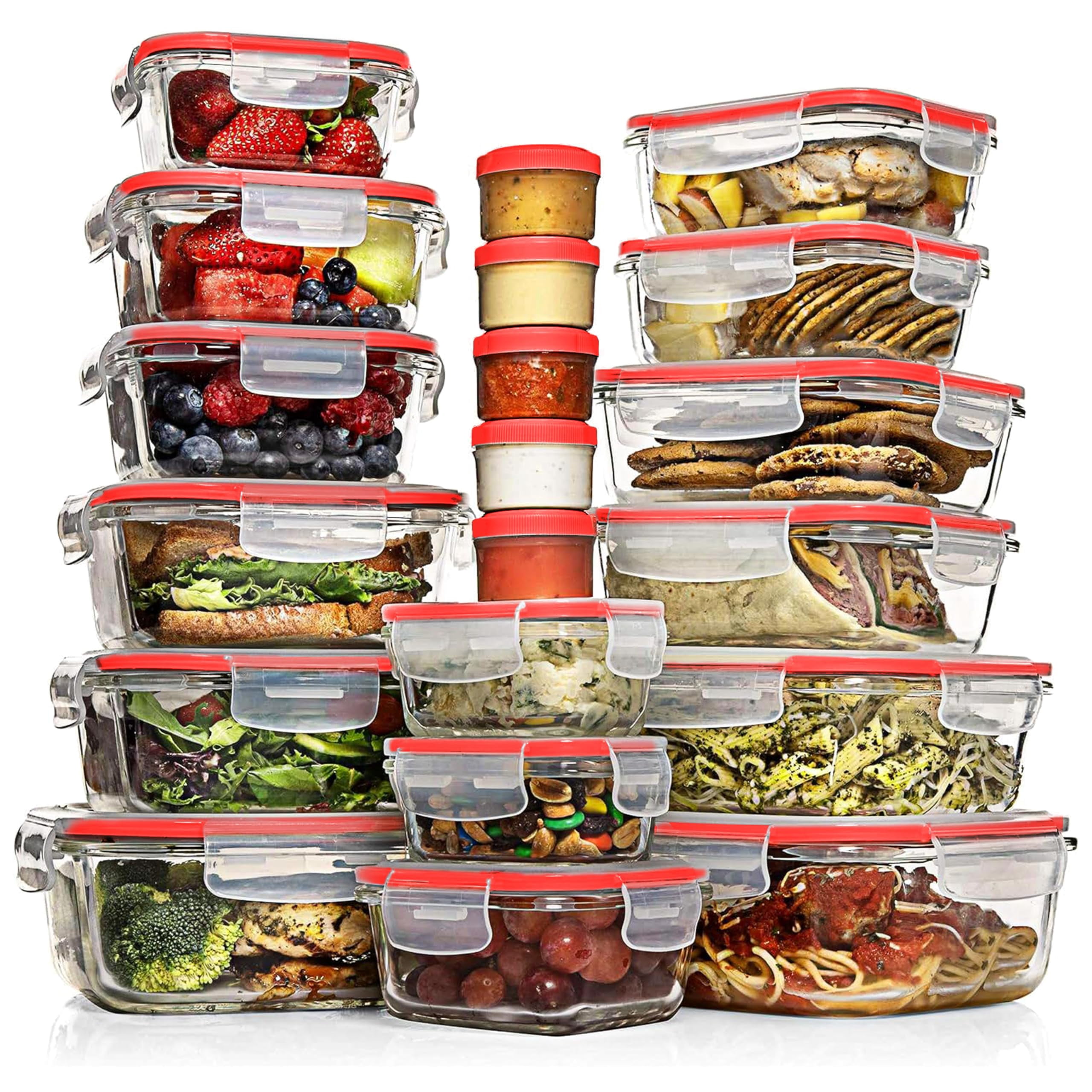 35 Piece Cherry Red Glass Food Storage Container Set with Lids, Meal ...