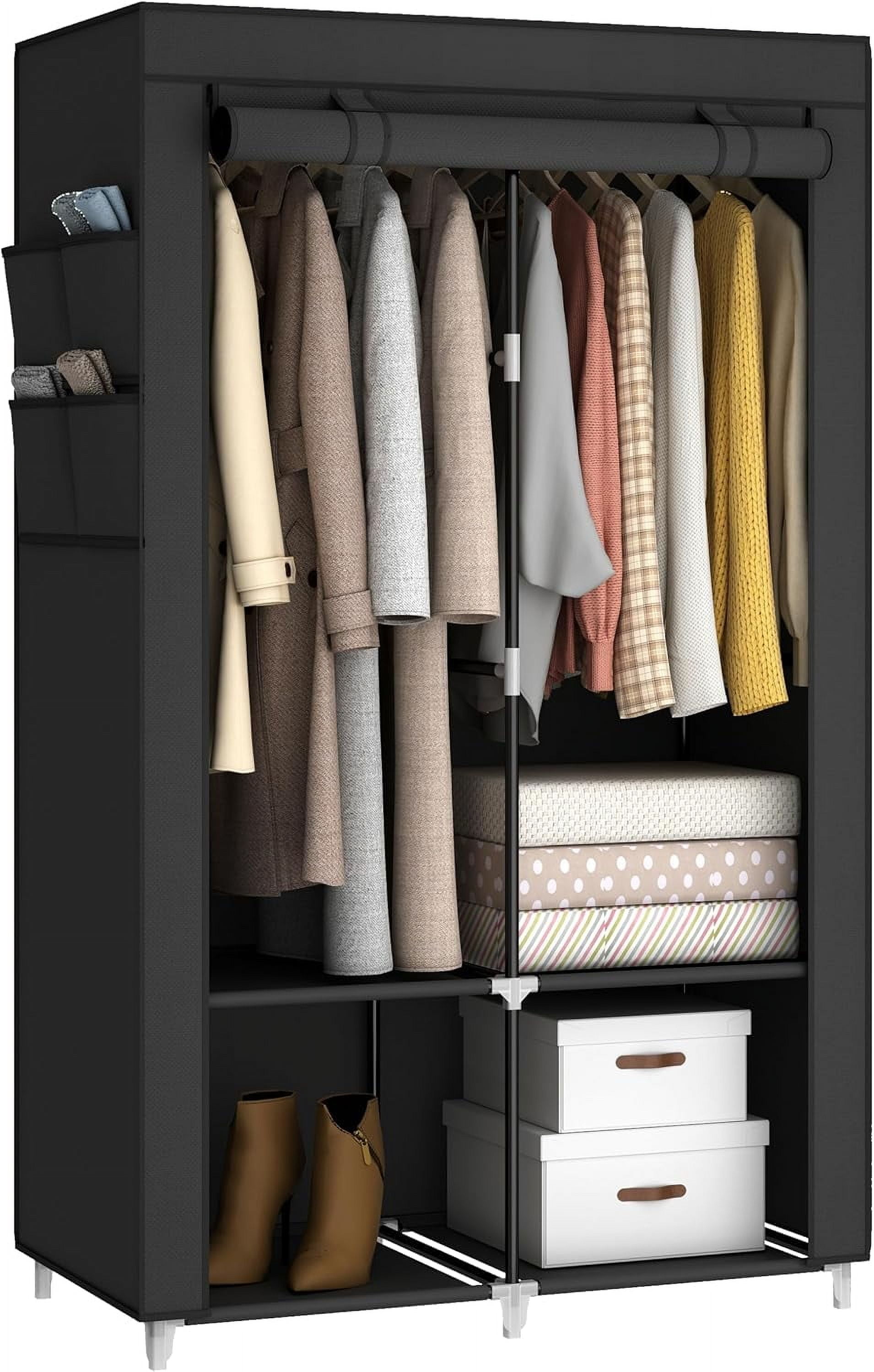 35" Portable Wardrobe - Fabric Covered Closet with 2 Rods & 4 Shelves ...