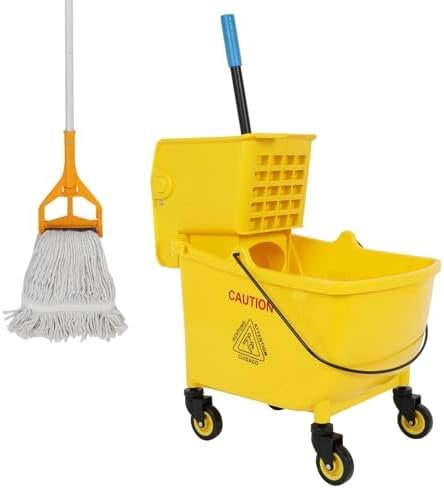 35 Qt Commercial Mop Bucket with Side Press Wringer Wheels and Mops Set ...