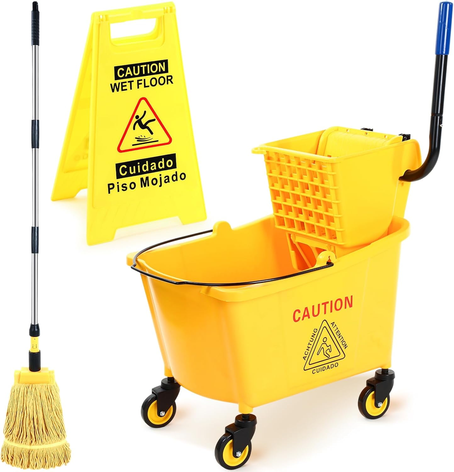 35 Quart Commercial Mop Bucket with Side Press Wringer on Wheels Yellow ...