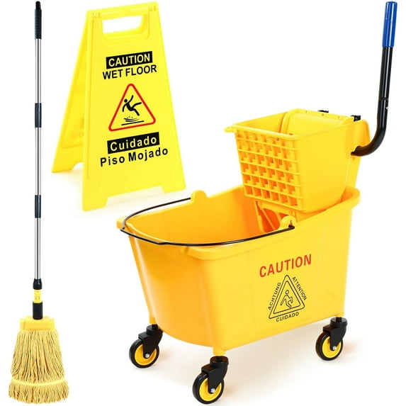 35 Quart Commercial Mop Bucket with Side Press Wringer on Wheels Yellow ...