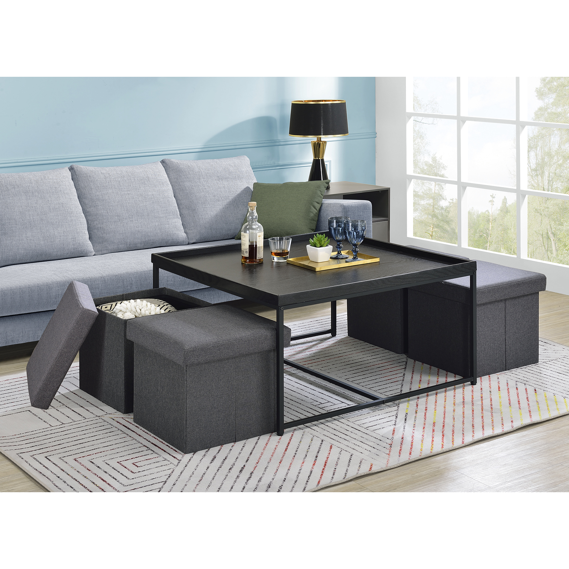 35" Raised Edge Coffee Table , Black Wood Grain Mark, 5 Piece With 4 ...