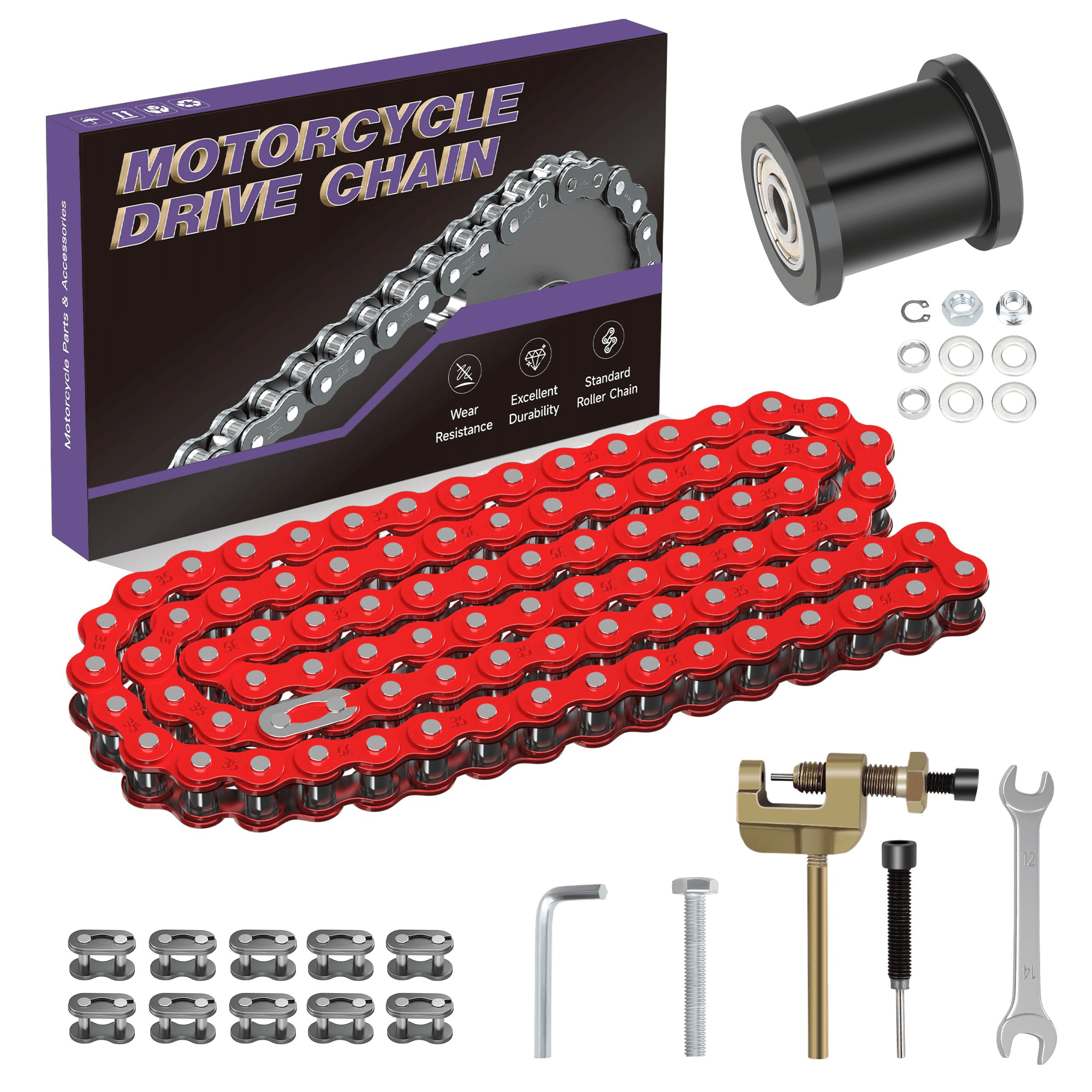 35 Red Chain with Mini Bike Chain Tensioner Compatible with Coleman ...
