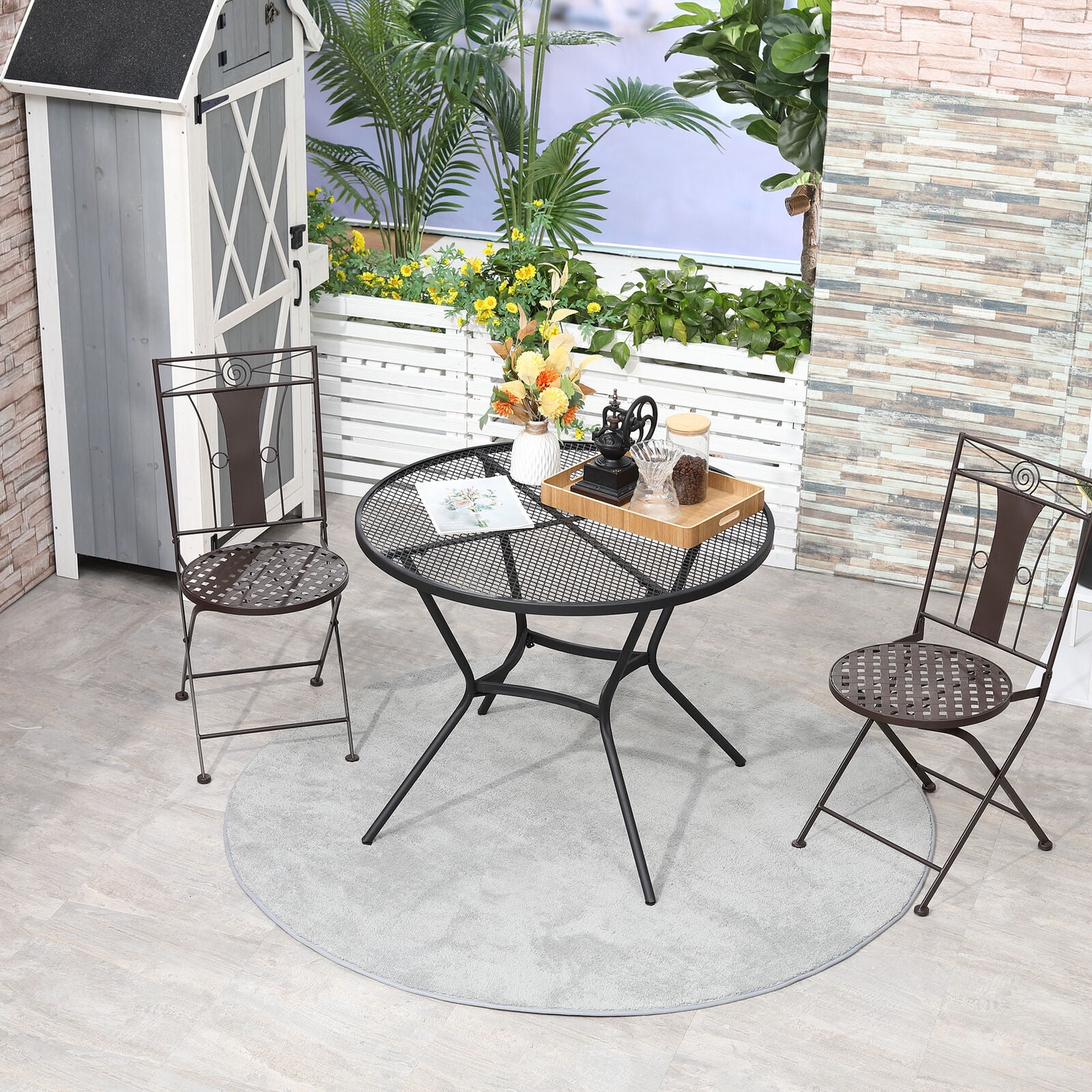 35" Round Outdoor Steel Dining Table w/ Wire Mesh Table Top for Garden ...