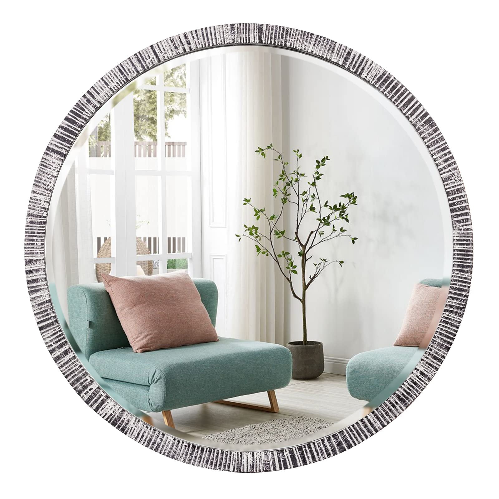Free Shipping! 35" Round Wood Mirror, Large Round Mirror with Beveled ...