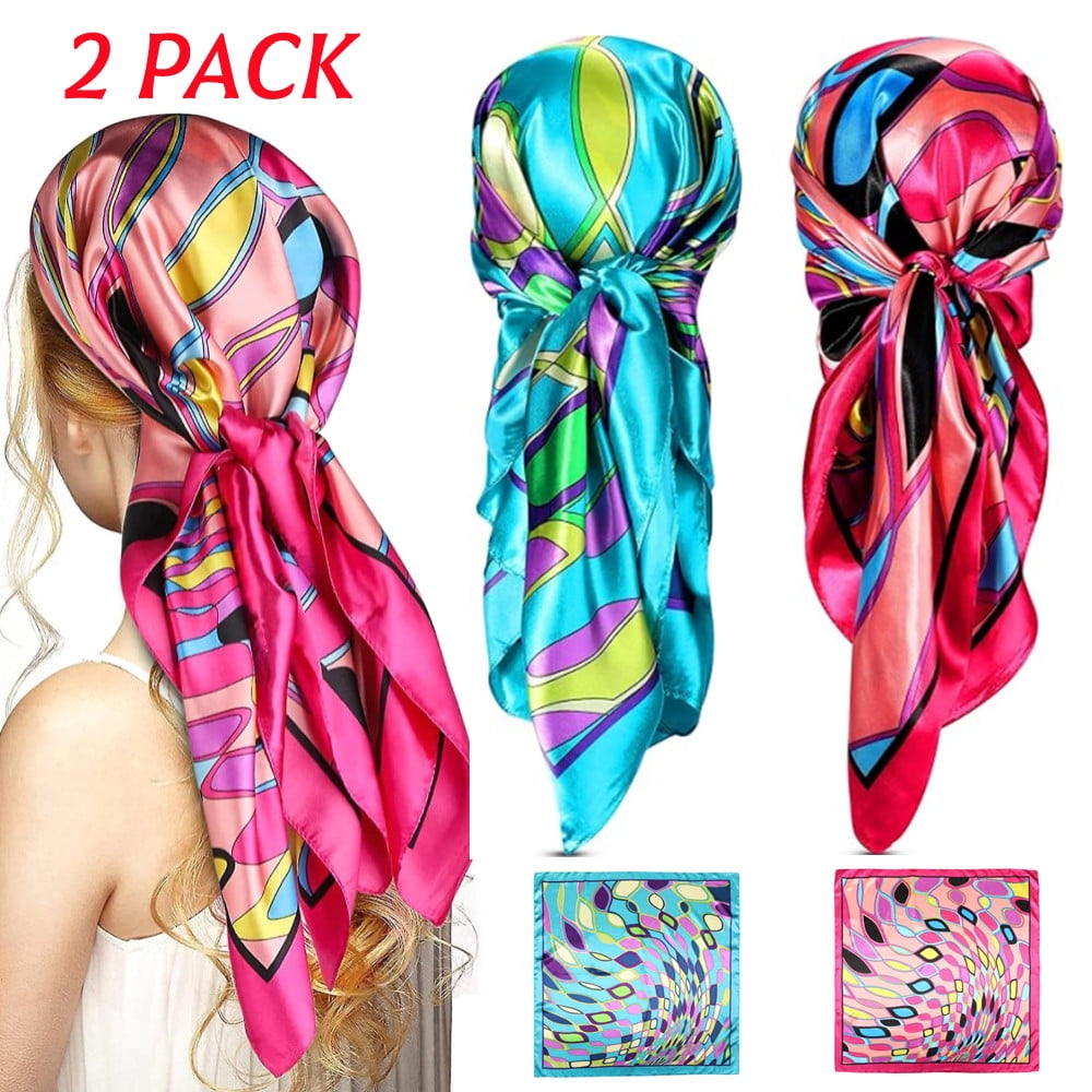 35'' Satin Head Scarf for Women, 2PCS Large Square Hair Scarf Silk ...