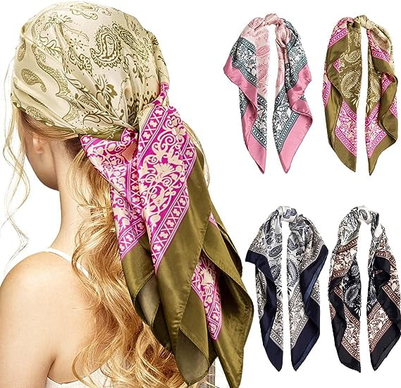 35'' Satin Head Scarf for Women, 4PCS Large Square Hair Scarf Silk ...