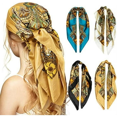 AWAYTR Silk Scarves 4 Pcs Satin Square Head Scarves Women Print Silk ...