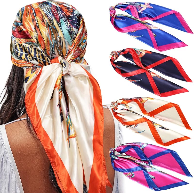35” Satin Large Square Head Scarves - 4PCS Silk Like Neck Scarf Hair ...