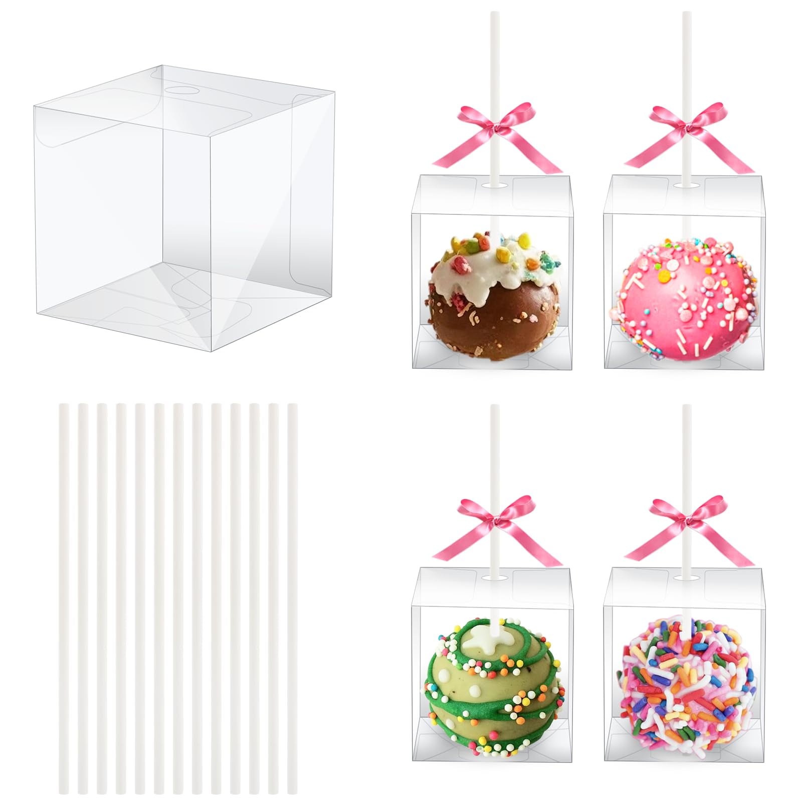 35 Set Cake Pop Boxes with Paper Sticks Kit: Clear Gift Container with ...