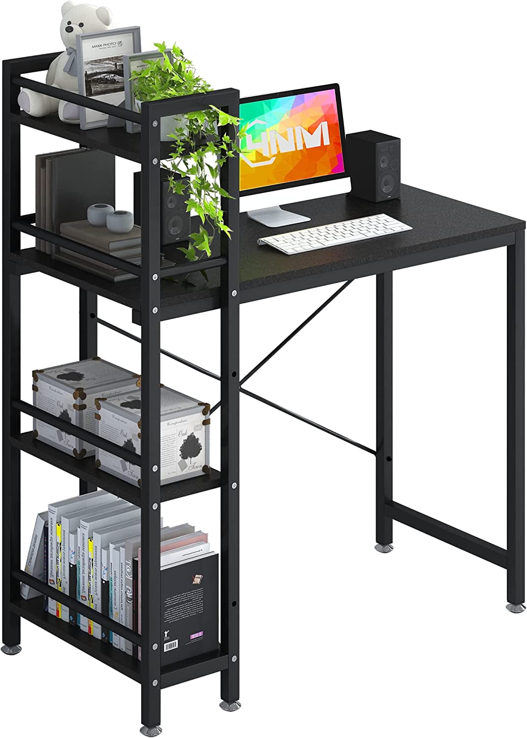 35" Small Computer Desk with 4-Tier Bookshelf, Home Office Desk Writing ...