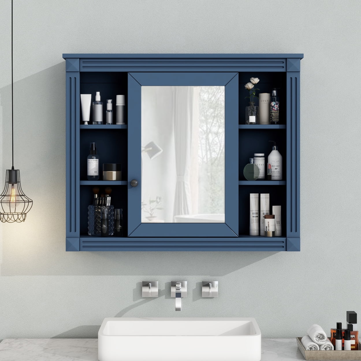 35 Wall Mounted Bathroom Storage Cabinet Modern Bathroom Wall Cabinet with Mirror Mirror Cabinet with 6 Open Shelves Blue