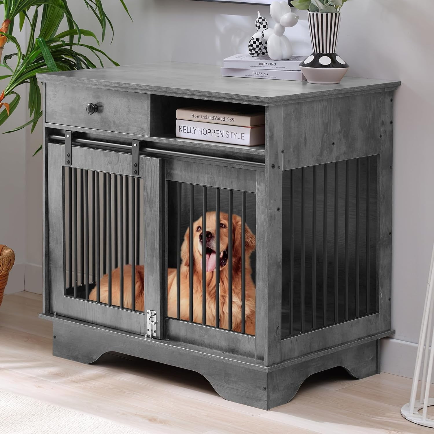 35'' Wooden Furniture Style Dog Crate, Dog Crate with Storage Drawers ...