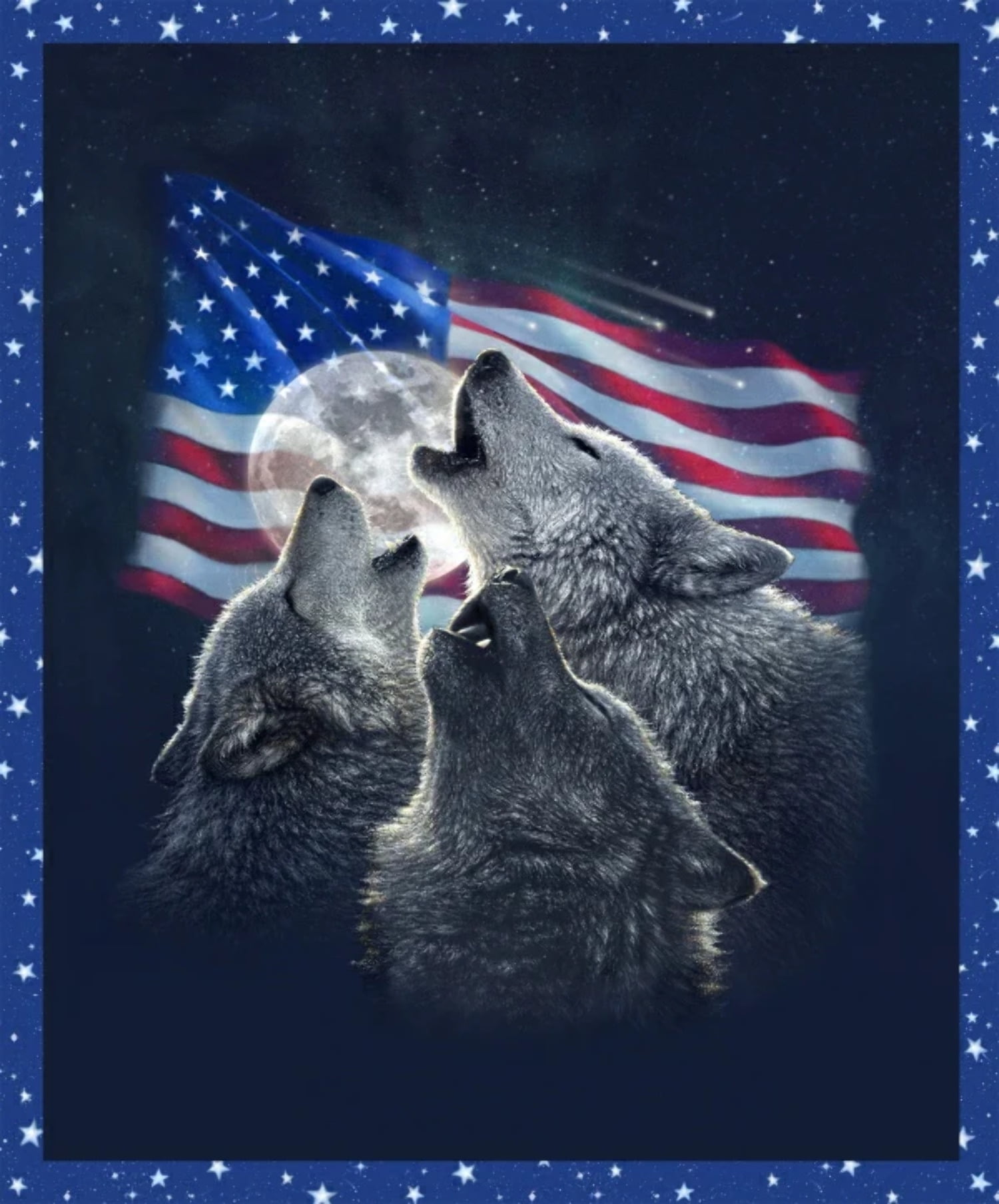 35" X 44" Panel Howling Wolves Moon Patriotic American Flag USA One of ...