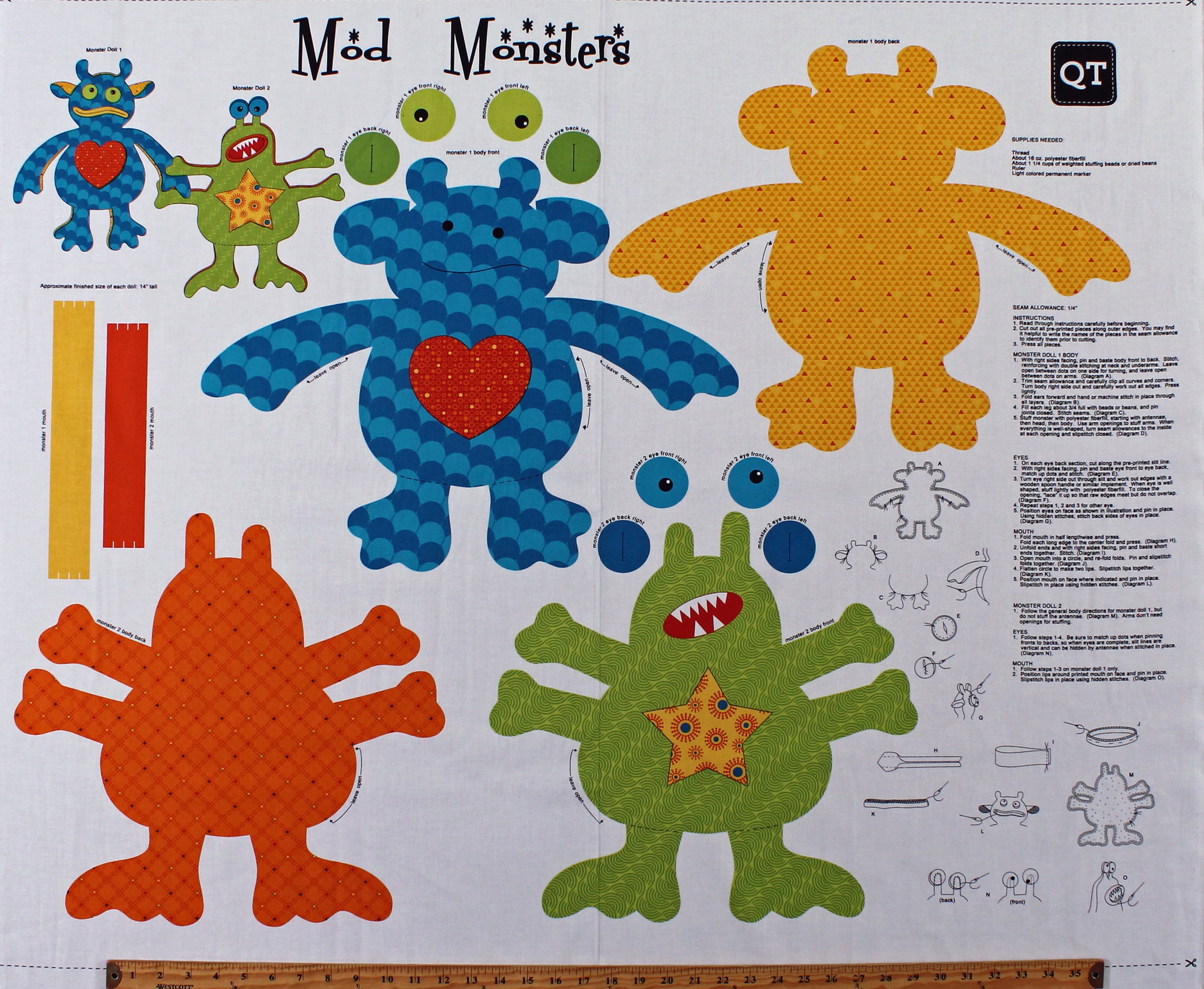 35" X 44" Panel Mod Monsters Stuffed Toys Kids Children's Sew & Go III ...