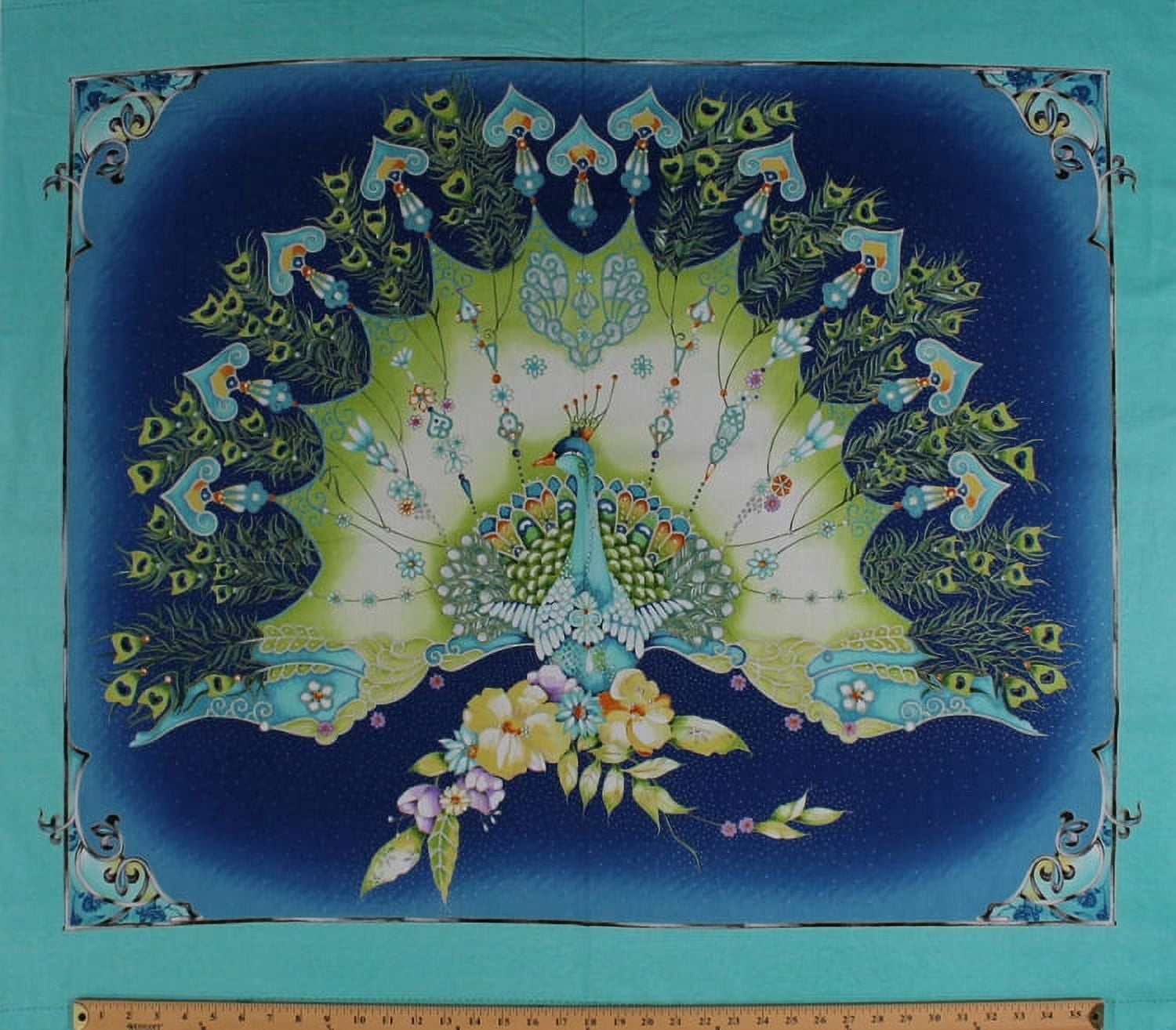 35" X 44" Panel Pretty as a Peacock Feathers Plumes Plumage Flowers Floral Peafowl Bird Blue ...