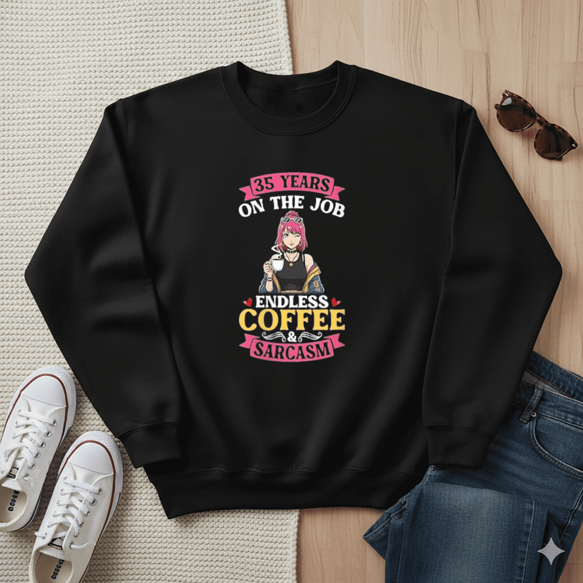 35 Years On The Job Endless Coffee And Sarcasm Funny Quote Sweatshirt ...