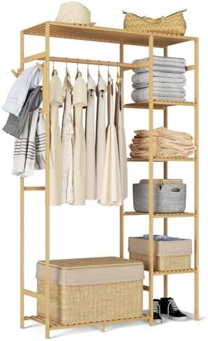 35" bamboo garment rack multi tier clothes rack storage shelves with ...