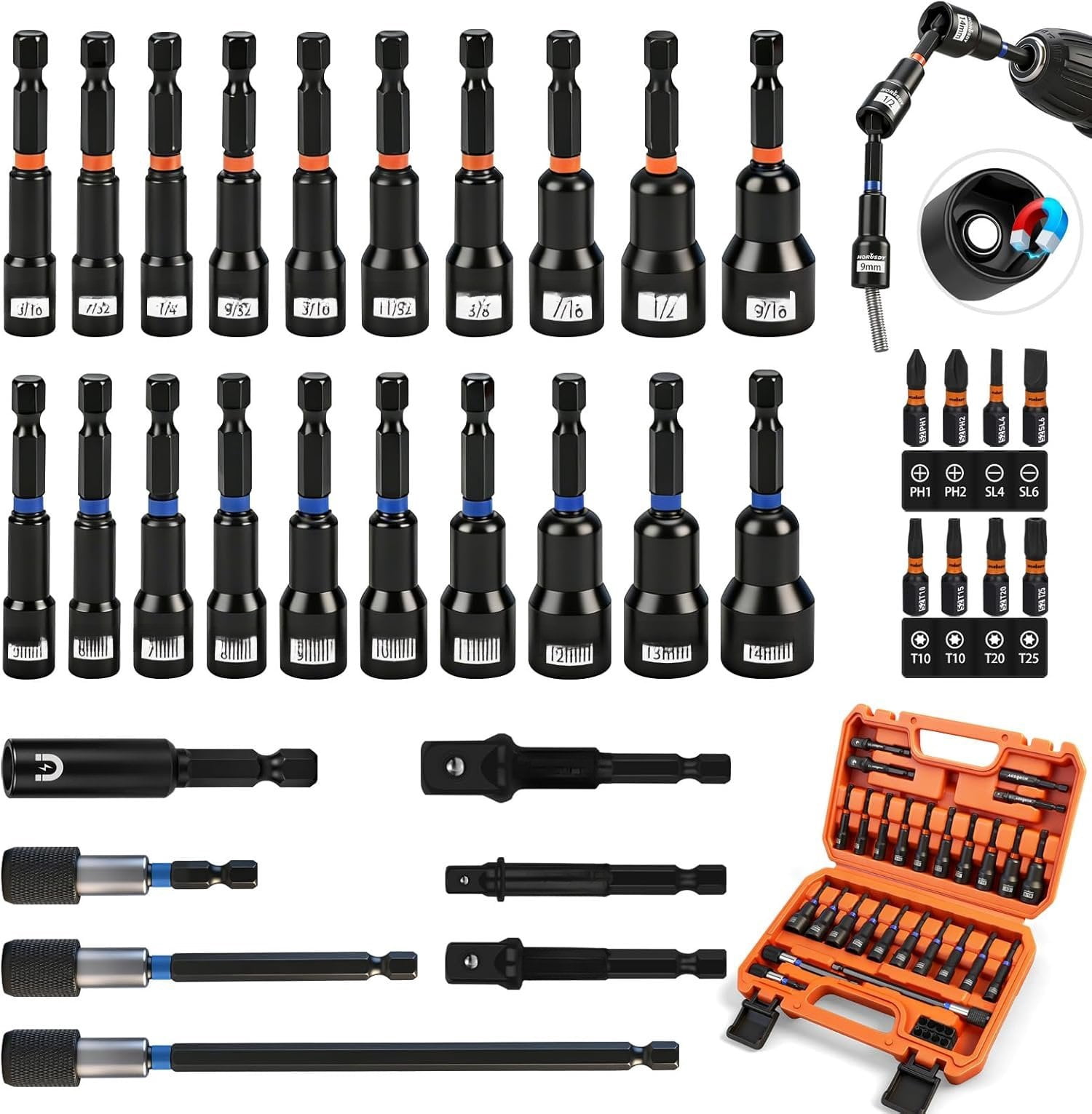 35 count Nut Driver Set, Drill Driver Bit 1/4" Hex Shank, SAE & Metric ...