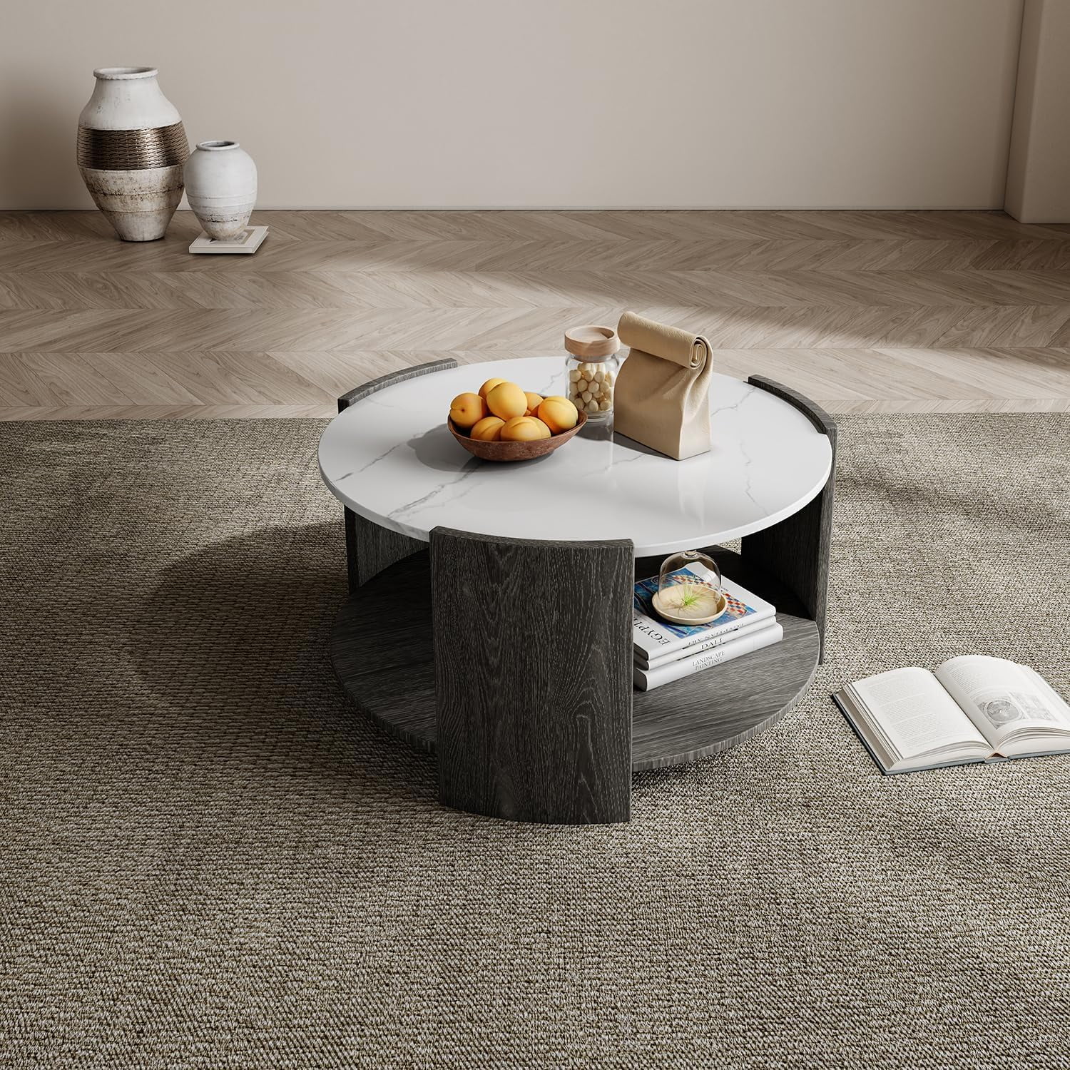 35 inch Marbling Round Coffee Table with Extra Shelf for Living Room ...