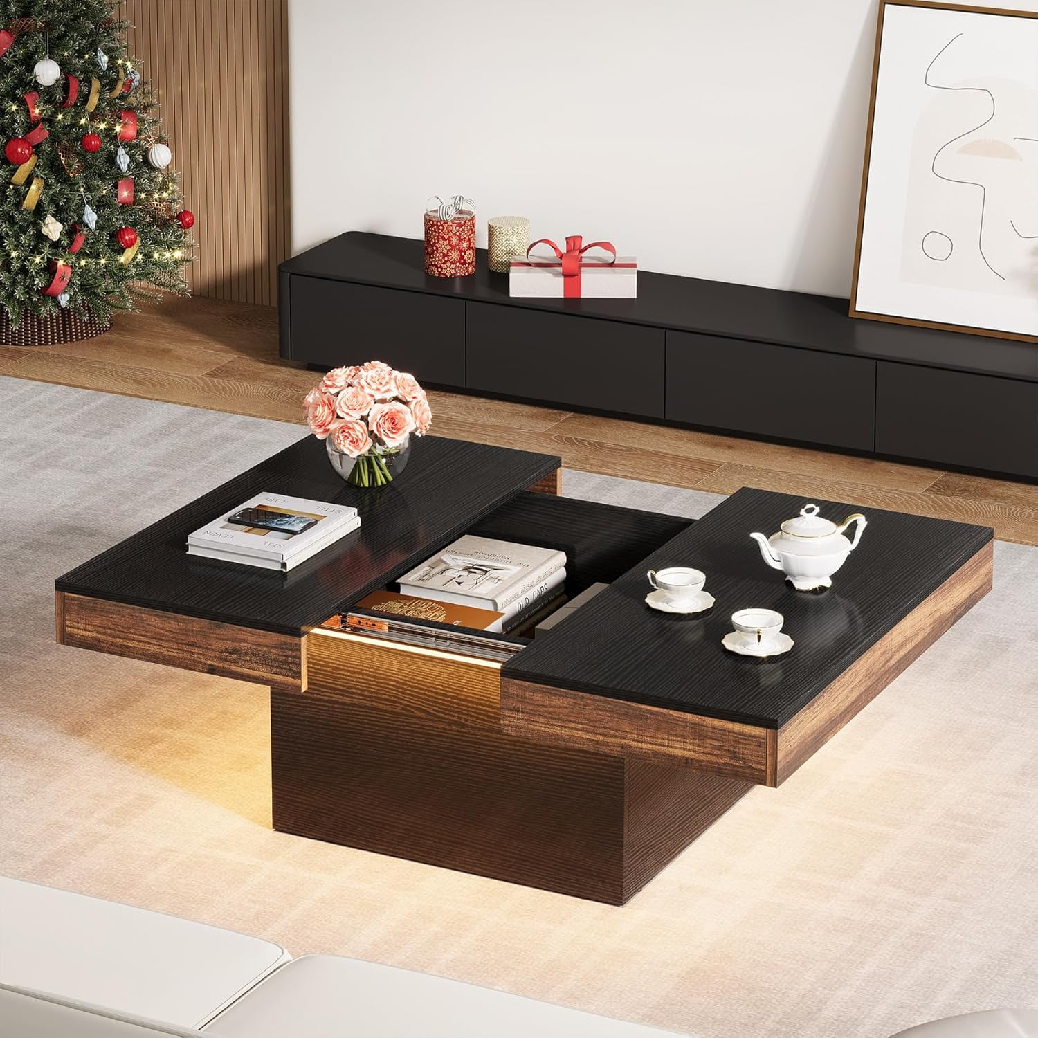35-inch Square Coffee Table with LED Light, Modern LED Centre Table ...