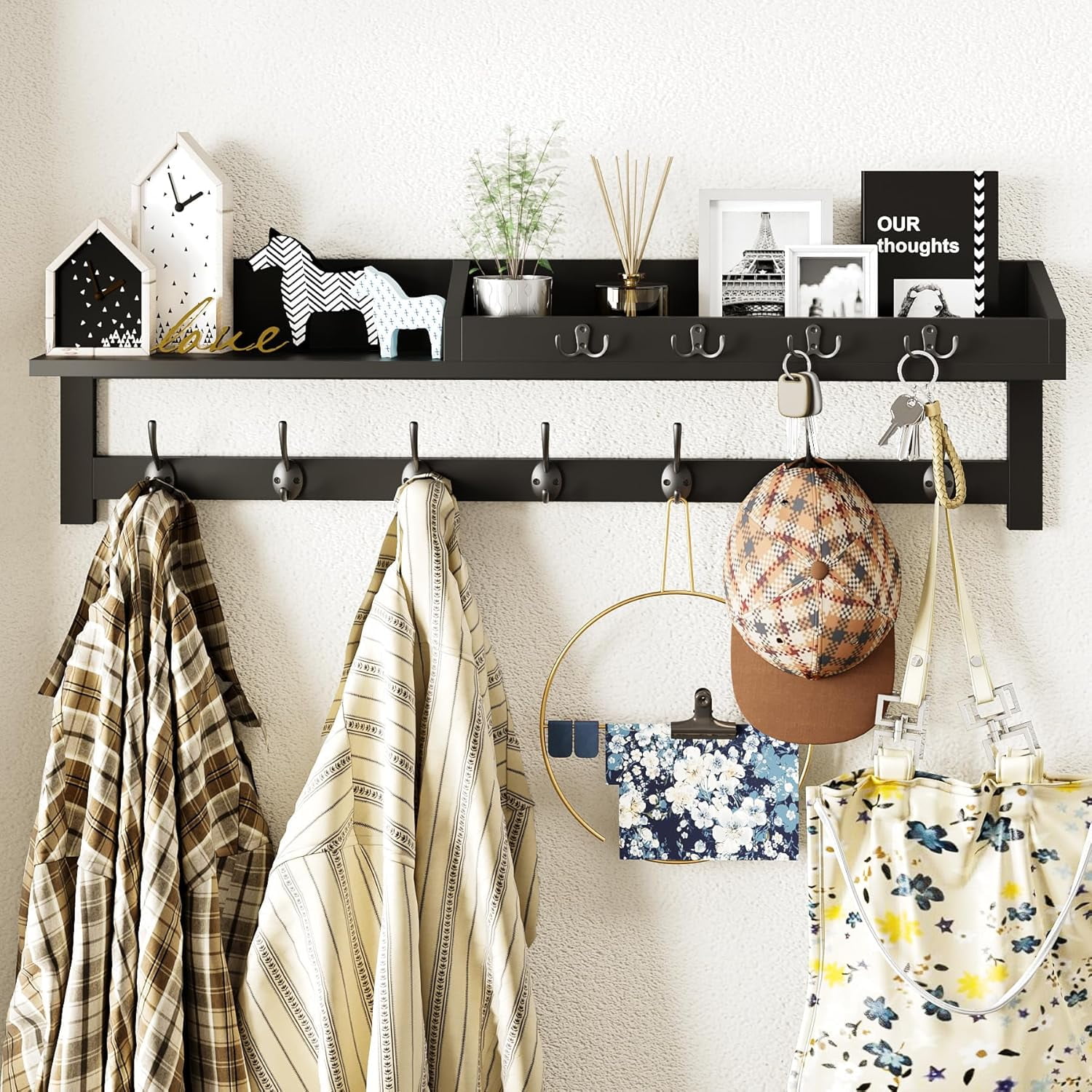 35 inch Wall Hooks with Shelf, Coat Rack Wall Mount, Large Coat Hanger ...
