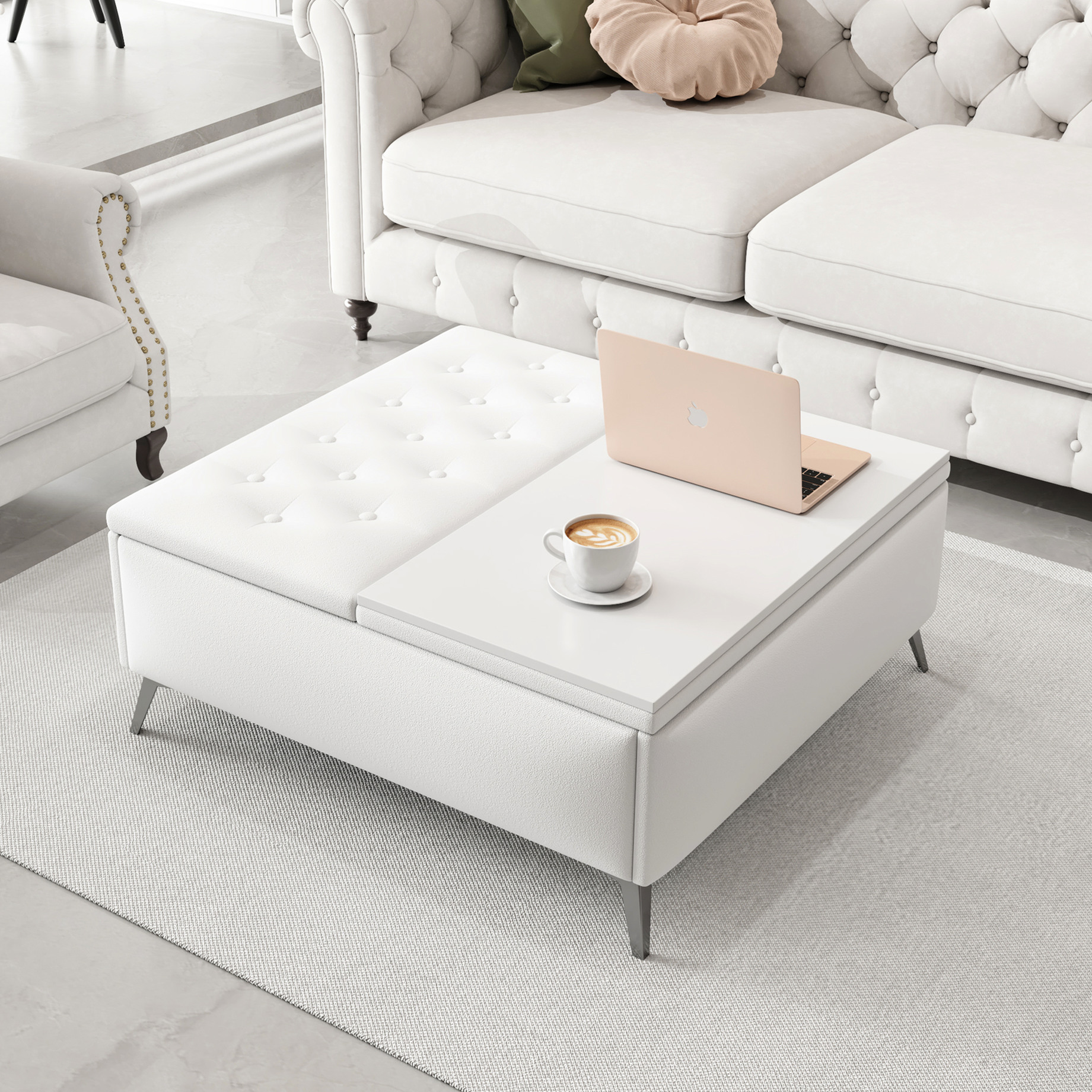 35-inch Wide White Linen Upholstered - Lift Top for Easy Access ...