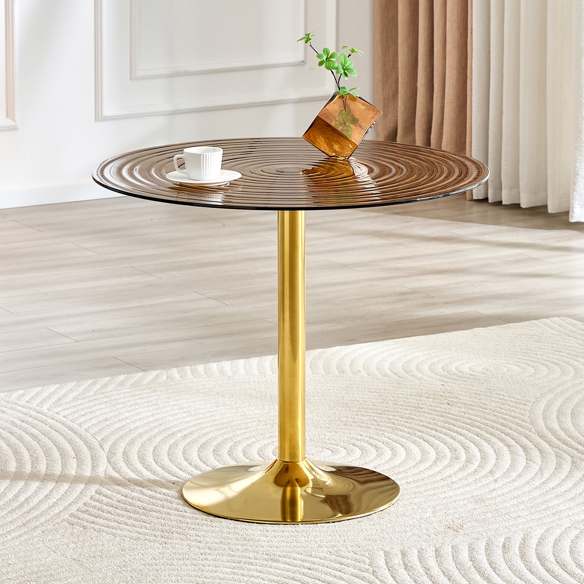 35 inch diameter, light luxury brown ring glass round table. Golden ...