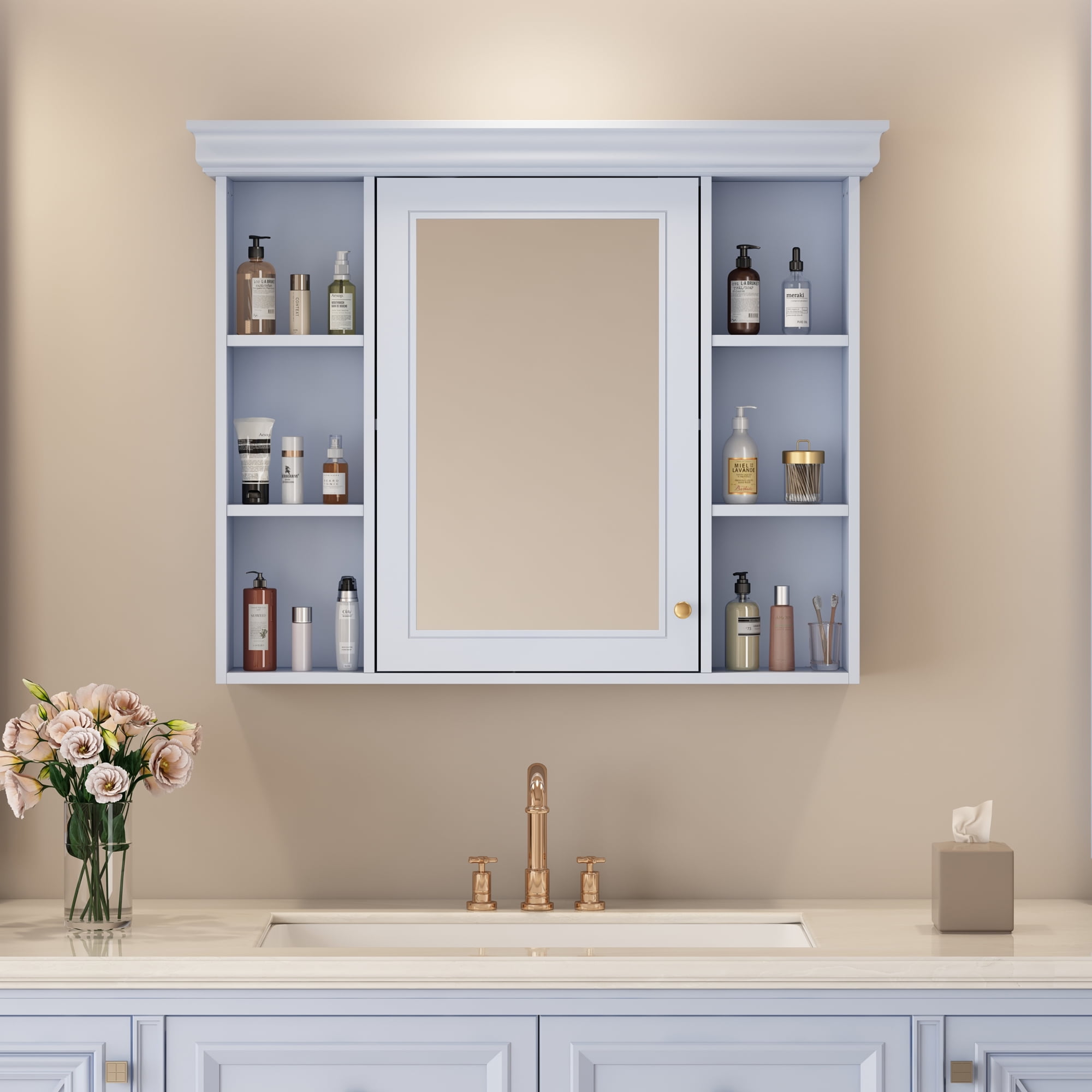 35'' x 28'' Blue Wall Mounted Bathroom Storage Cabinet with Mirror Door ...