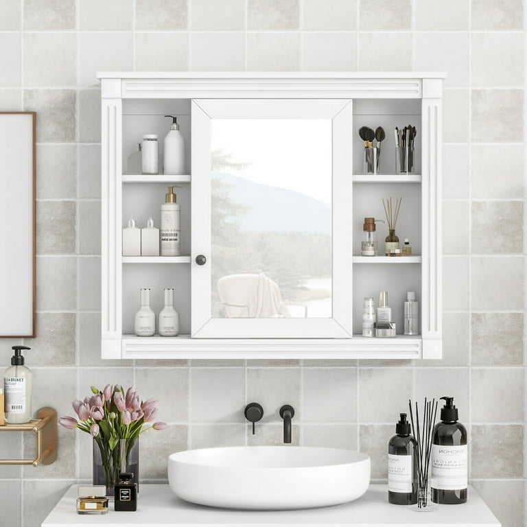 35 x 28 Modern Bathroom Wall Cabinet with Concealed Storage Wall Mounted Bathroom Storage Cabinet with Mirror Mirror Cabinet with 6 Open Shelves Adjustable Soft Close Hinges White Walmart