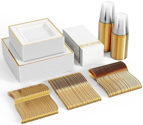 350 Ct Disposable Dinnerware Set for 50 Guests -Heavy Duty Plastic ...