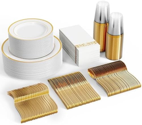 350 Ct Disposable Dinnerware Set for 50 Guests -Heavy Duty Plastic ...