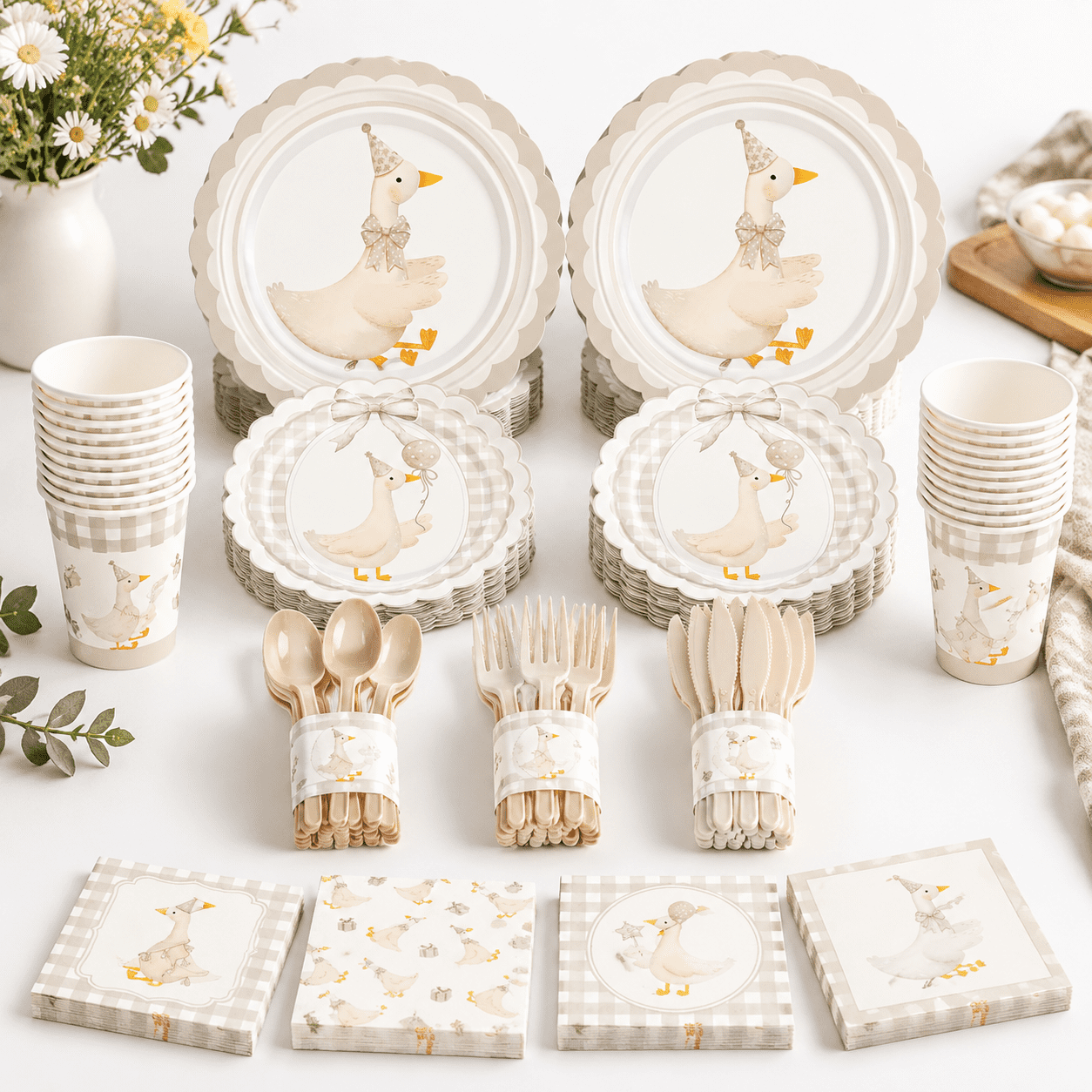 350 One Silly Goose Birthday Party Tableware Set Beige Bow Scalloped ...