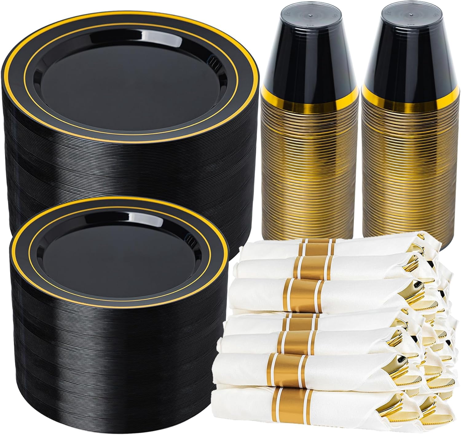 350 PCS Black and Gold Disposable Plastic Dinnerware Set for 50 Guests ...