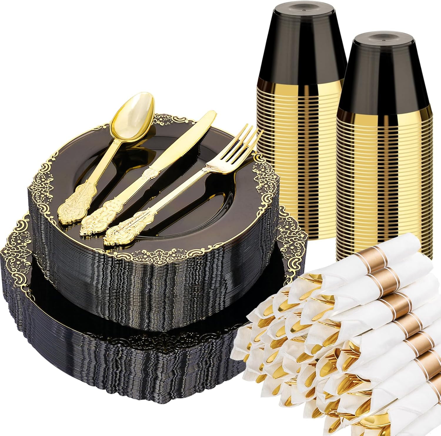 350 PCS Black and Gold Plastic Plates, Disposable Dinnerware Set for 50 ...