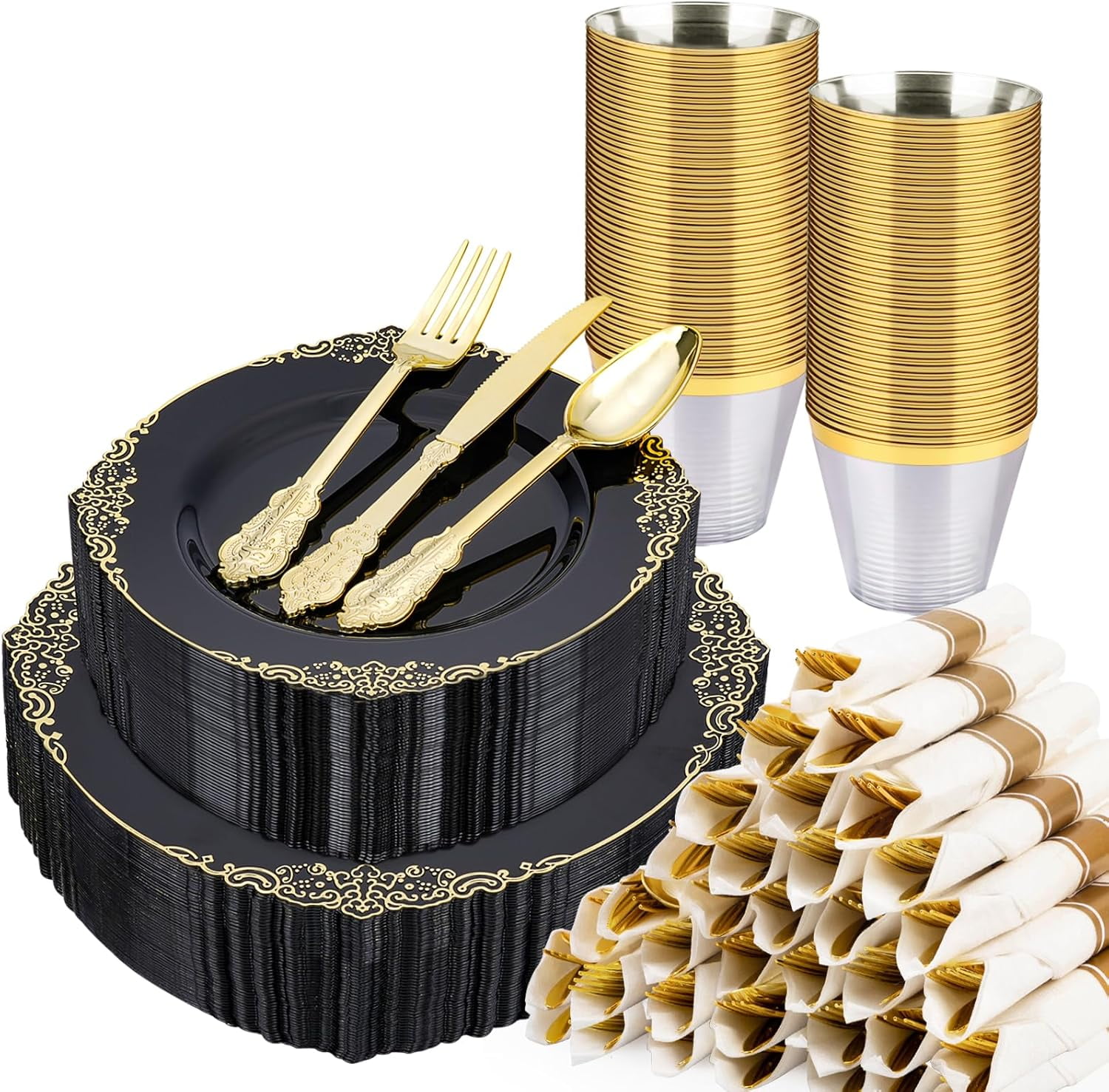 350 PCS Black and Gold Plastic Plates, Plastic Dinnerware Set for 50 ...