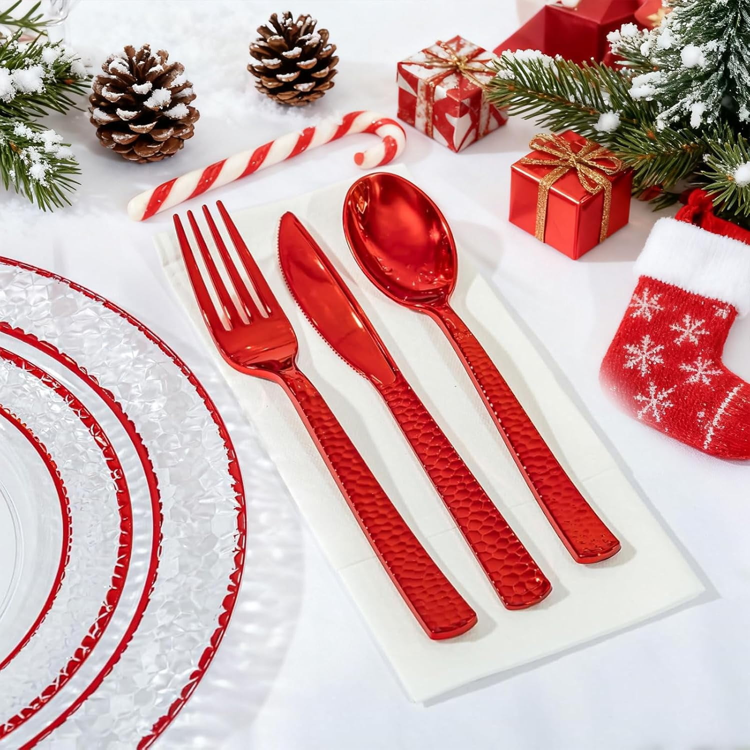 350 PCS Clear and Red Plastic Plates – Red Dinnerware Set for 50 Guests ...