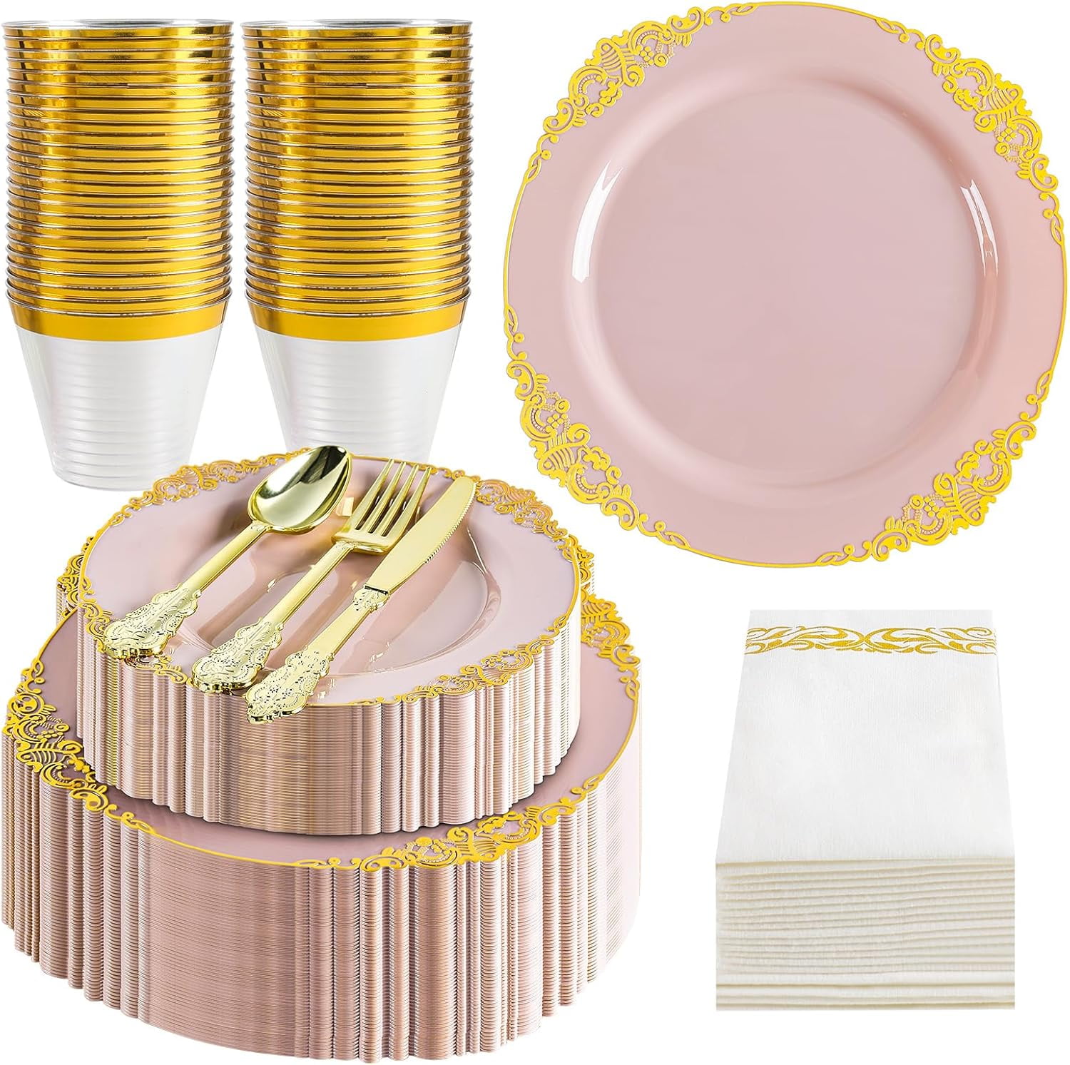350 PCS Pink and Gold Plastic Disposable Dinnerware Set for 50 Guests ...