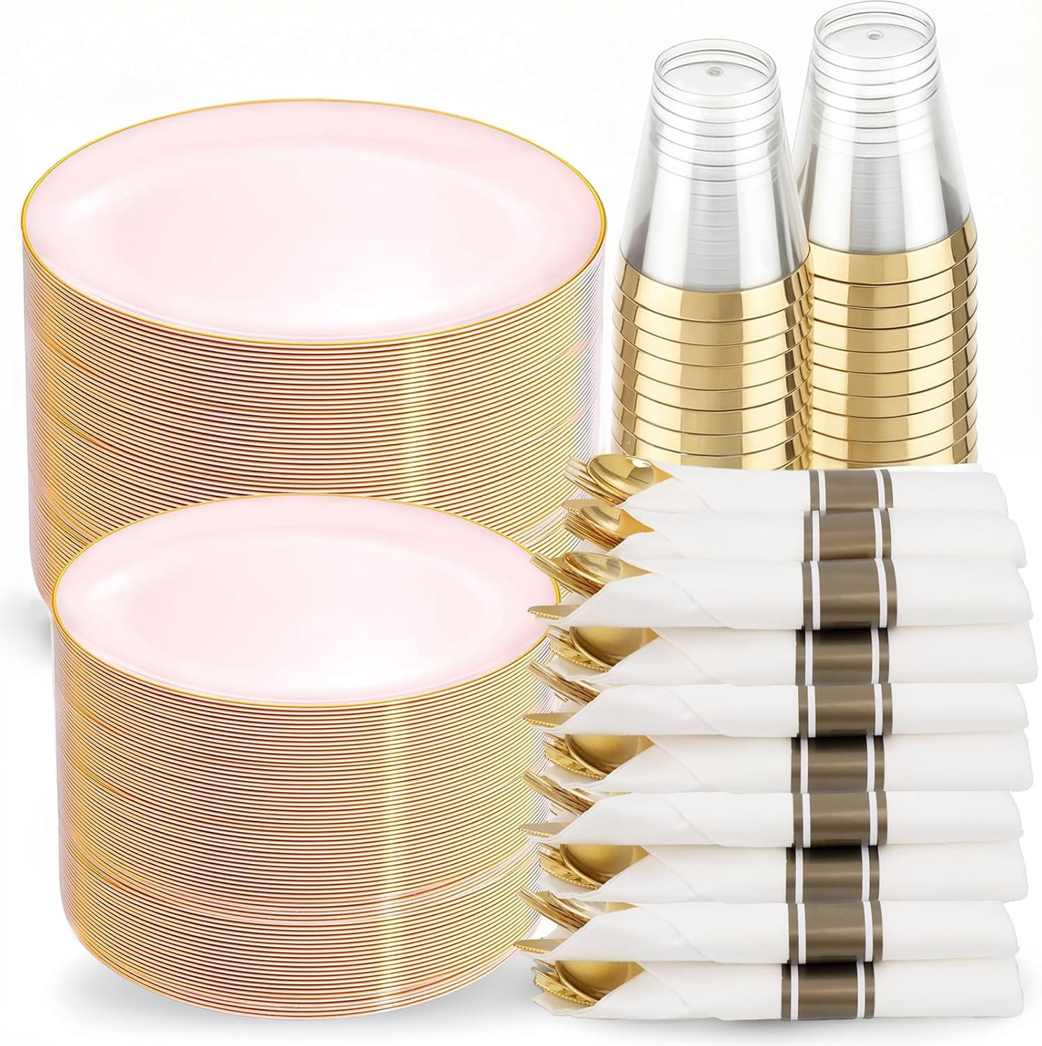 350 PCS Pink and Gold Disposable Plastic Plates – Round Glossy ...