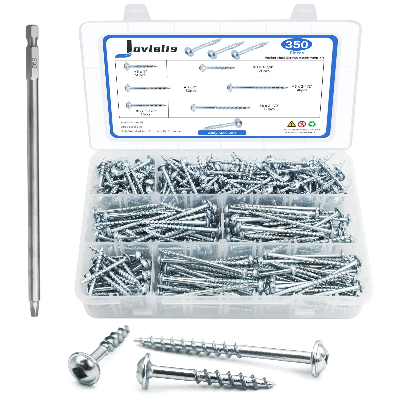 350 PCS Pocket Hole Screws Assortment Kit, 5 Sizes #8 x 1, 1-1/4", 1-1/ ...