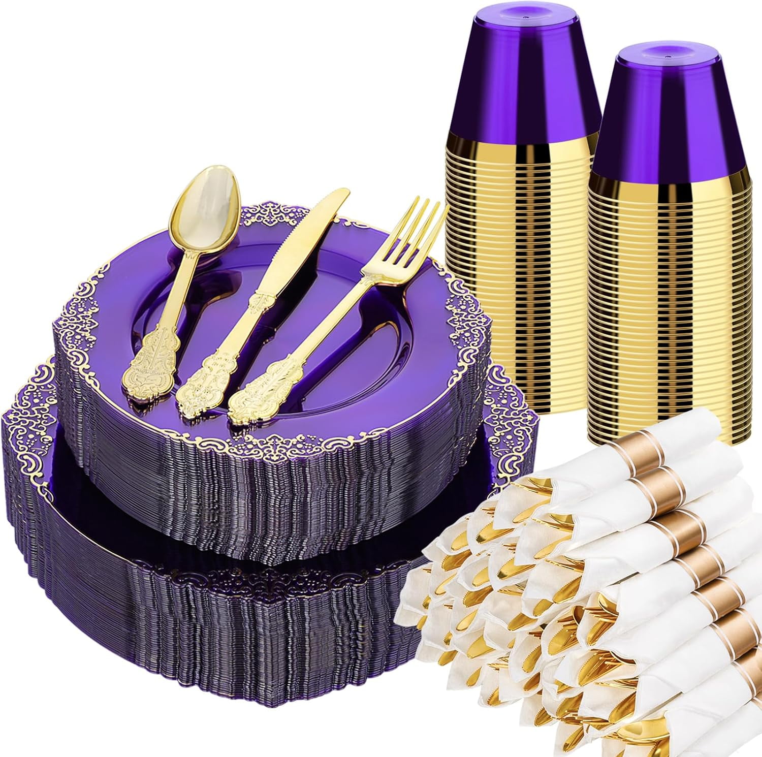 350 PCS Purple and Gold Plastic Plates, Disposable Dinnerware Set for ...
